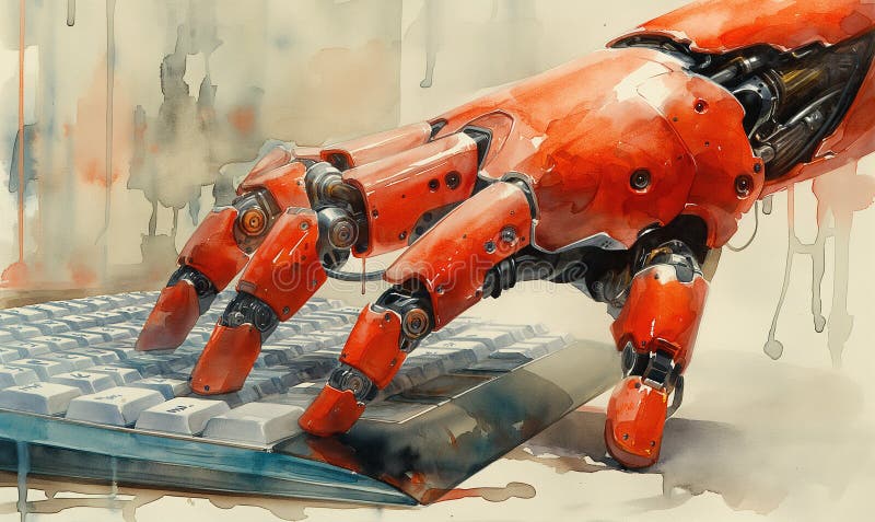 Watercolour Illustration of Red Hand of Robot on Grey Keyboard Stock ...