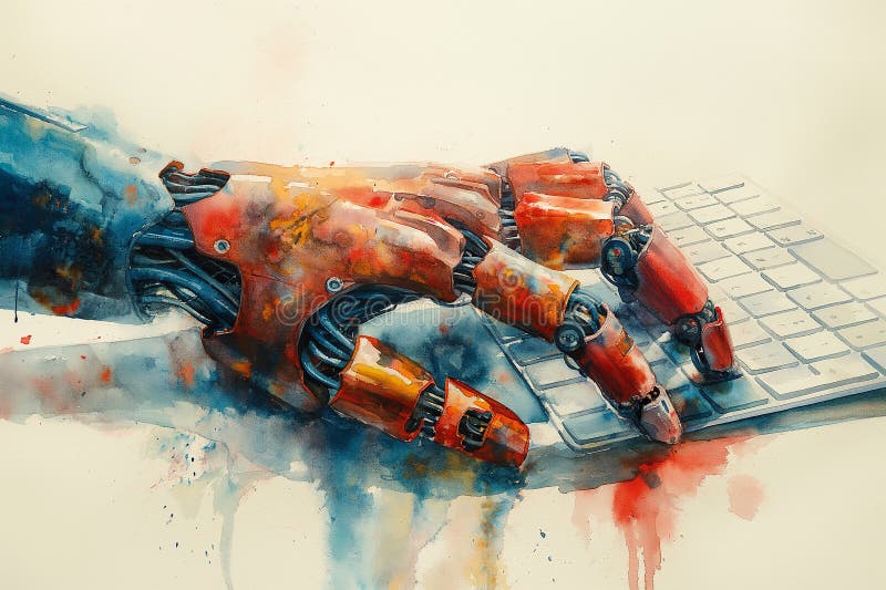 Watercolour Illustration of Robot Hand on Computer Keyboard. Stock ...