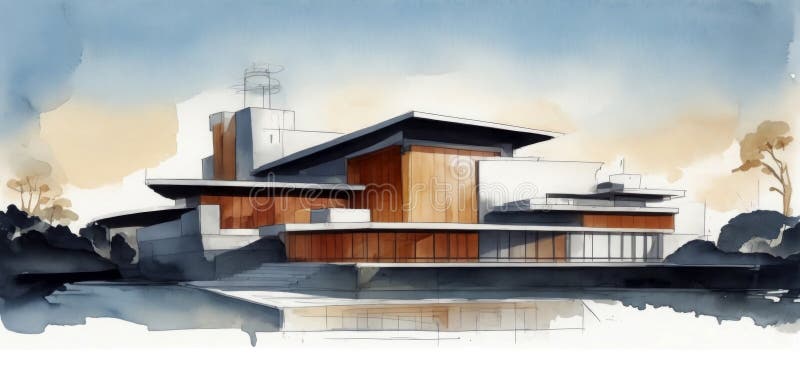 Watercolour Paint Technical Drawing, a Sketch of the Building Design ...