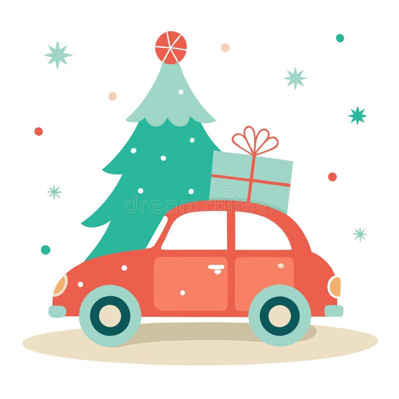 Watercolour Retro Car with Gift Box and Christmas Tree and Snowflakes ...
