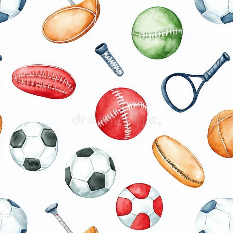 A Watercolour of Sport Equipment and Items (seamless and Repeatable ...