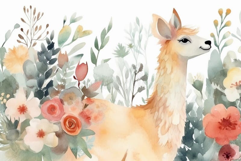 Watercolour Spring Cartoon with Lama Created with Generative AI ...