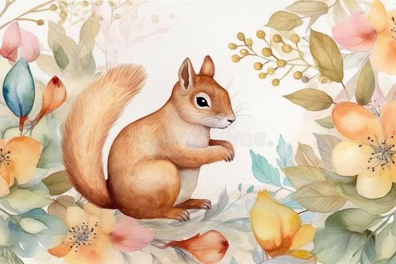 Watercolour Spring Pattern with Cute Squirrel , Created with Generative ...
