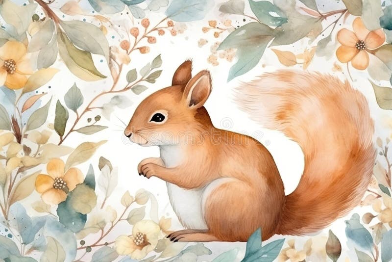 Watercolour Spring Pattern with Cute Squirrel , Created with Generative ...