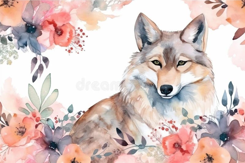 Watercolour Spring Pattern with Cute Wolf , Created with Generative AI ...