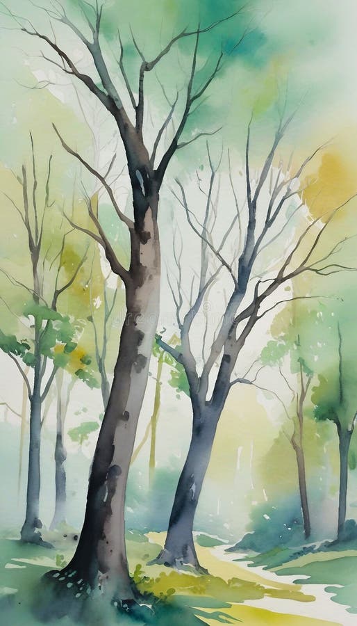 Watercolour trees stock illustration. Illustration of large - 300061670
