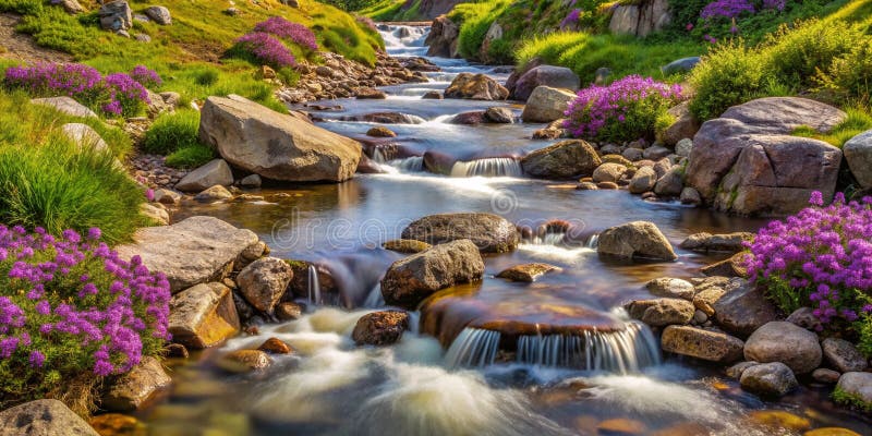 A Watercourse Flows among Rocks and Purple Flowers in a Natural ...