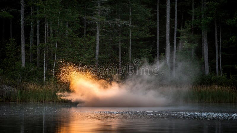 Watercraft Splash, Dusk, Forest Lake, Action Shot Stock Photo - Image ...