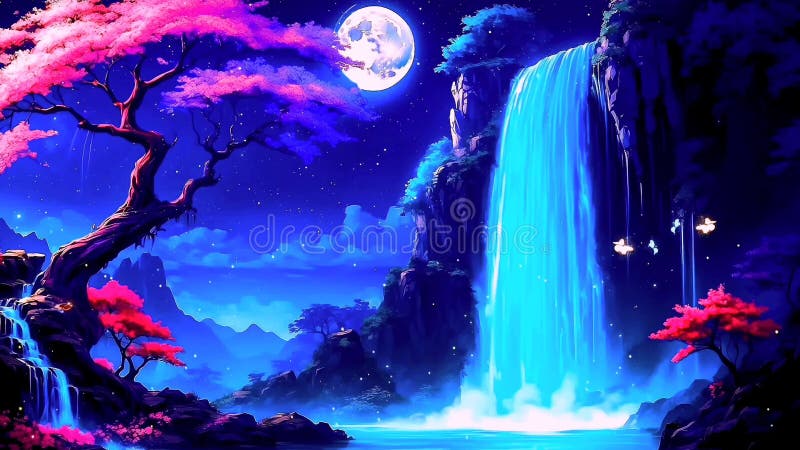 The Atmosphere of a Waterfall Under the Light of a Full Moon during ...