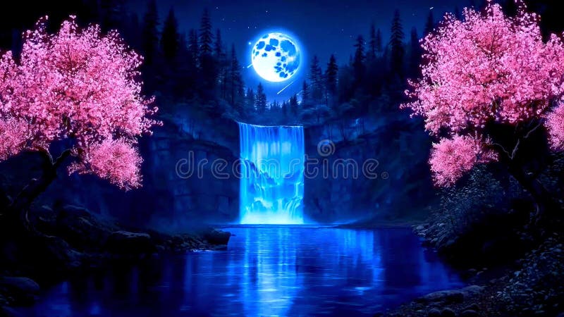 The Atmosphere of the Waterfall in Spring when the Moon Shines Stock ...