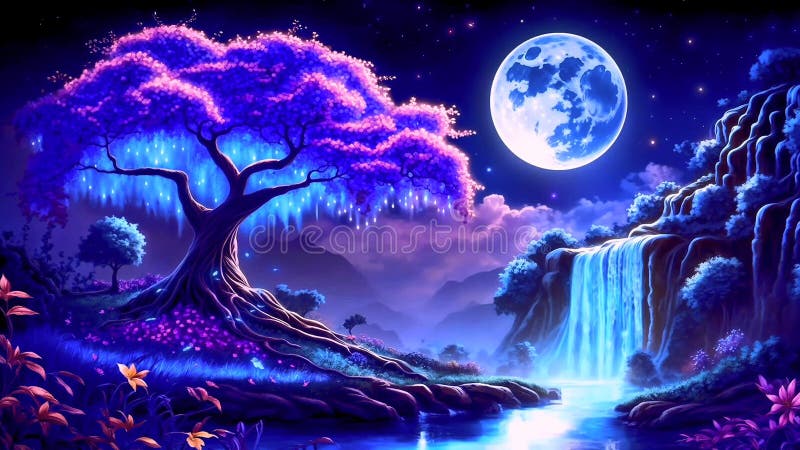 The Atmosphere of a Waterfall Under the Light of a Full Moon during ...