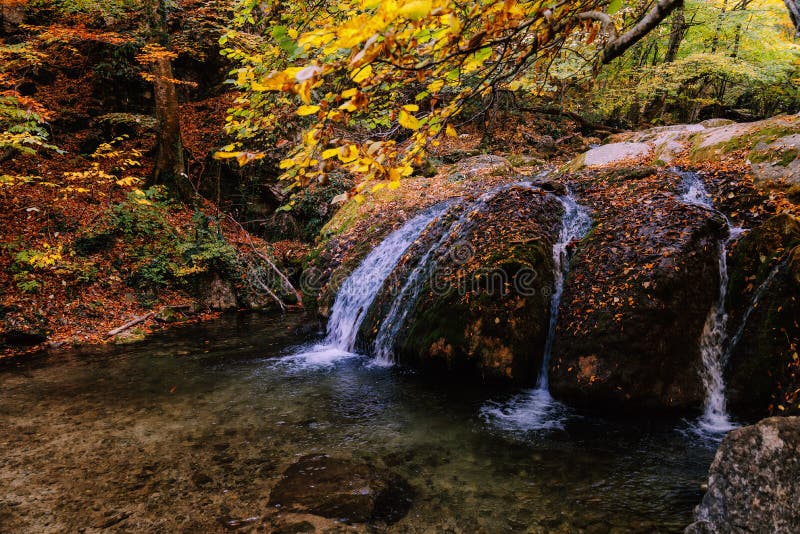 Waterfall in Autumn Golden Forest Stock Image - Image of beautiful ...