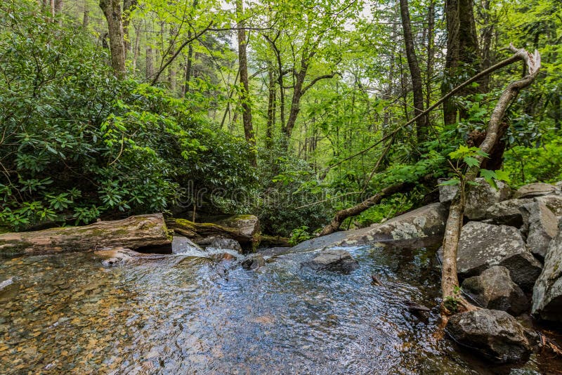 Waterfall Basin Pours into Mountain Valley Stock Photo - Image of green ...