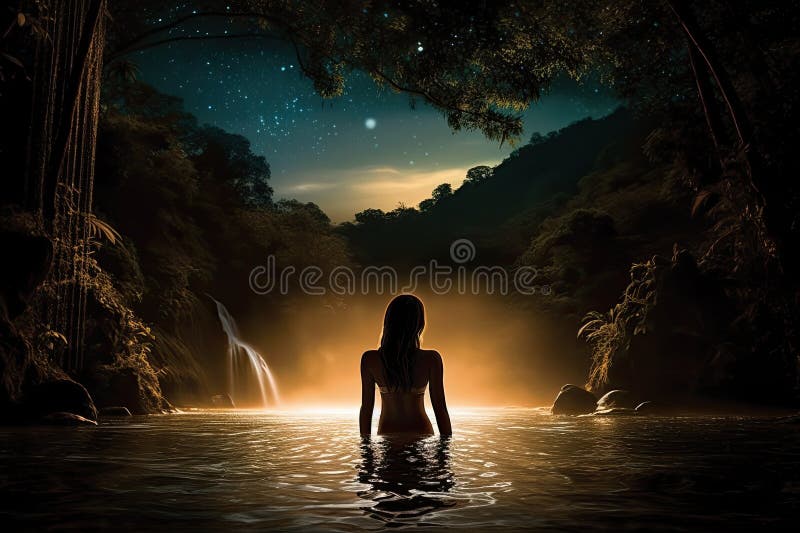 Waterfall Bathed in the Soft Glow of Moonlight Silhouette of a Bathing ...