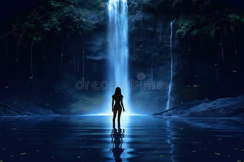 Waterfall Bathed in the Soft Glow of Moonlight Silhouette of a Bathing ...