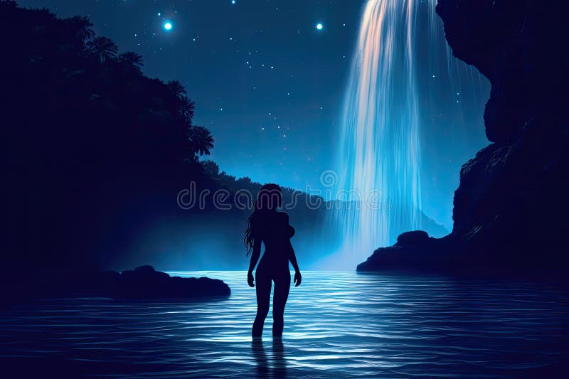 Waterfall Bathed in the Soft Glow of Moonlight Silhouette of a Bathing ...
