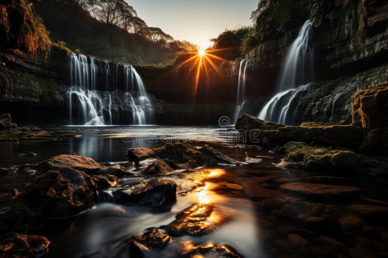 Waterfall Bathed in Sunrise Radiance, Sunrise and Sunset Wallpaper ...