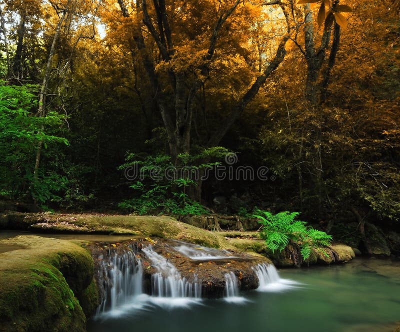 Waterfall with blue stream stock photo. Image of plant - 41870408