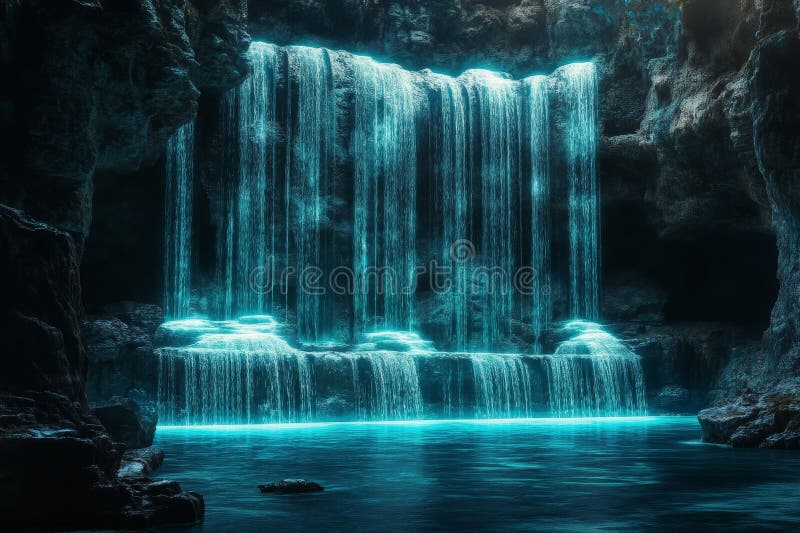A Waterfall with Blue Water is Shown in a Cave Stock Illustration ...