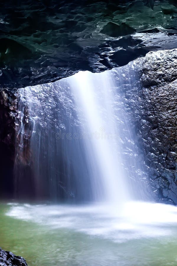 Waterfall Blurred and Falling Down in a Dark Stone Cave Stock Image ...