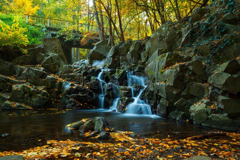 Waterfall and Bridge in Autumn Forest Stock Image - Image of plant ...