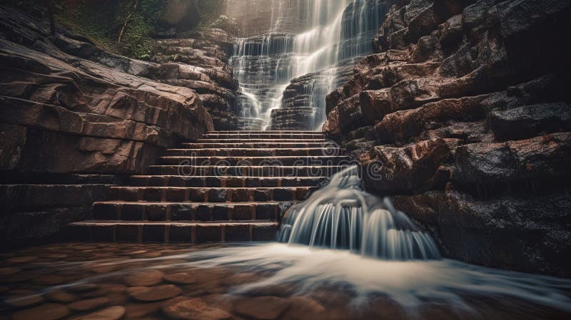 A Waterfall with a Bunch of Steps Going Up it S Side in a Forest with ...