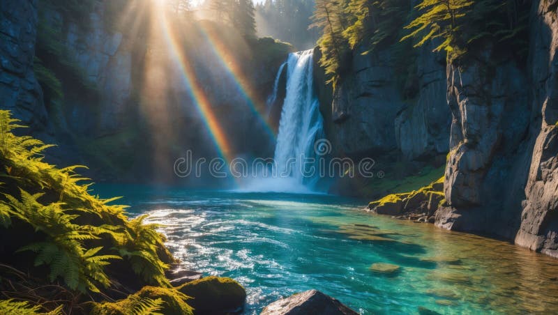 Stunning Waterfall Cascade with Rainbow and Sunbeams Stock Illustration ...