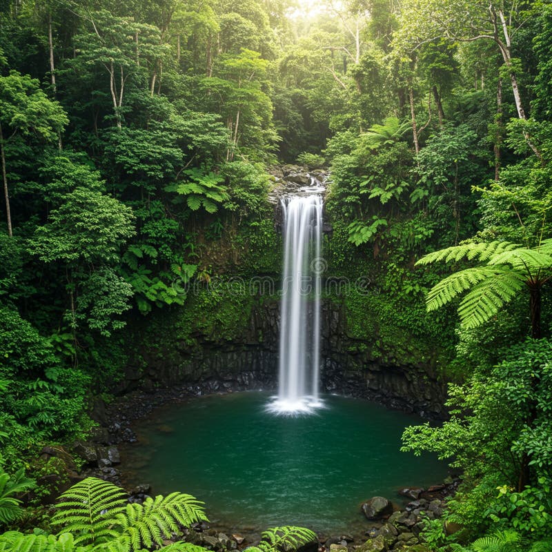 A Waterfall Cascades into a Circular Emerald Pool, Surrounded by Lush ...