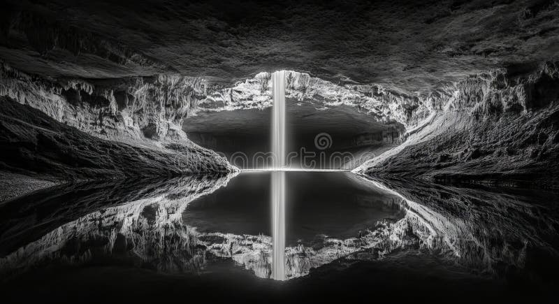 A Waterfall Cascades into a Dark Pool with the Entrance To a Cave ...