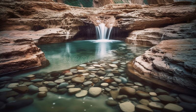 Waterfall Cascades Down Rocky Cliff in Tranquil Tropical Rainforest ...