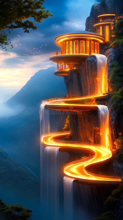 Waterfall Cascades from Glowing Structure into Valley Below, Surrounded ...