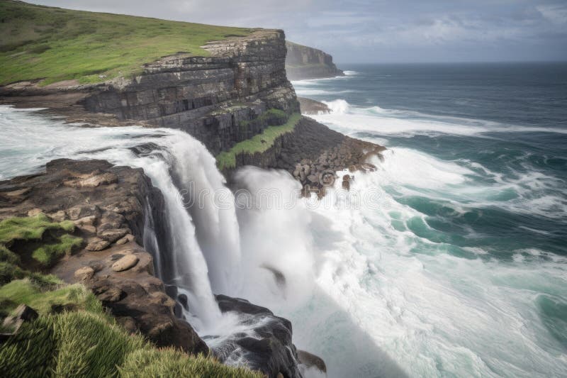Waterfall Cascades Over the Edge of a Cliff, with the Waves Crashing ...