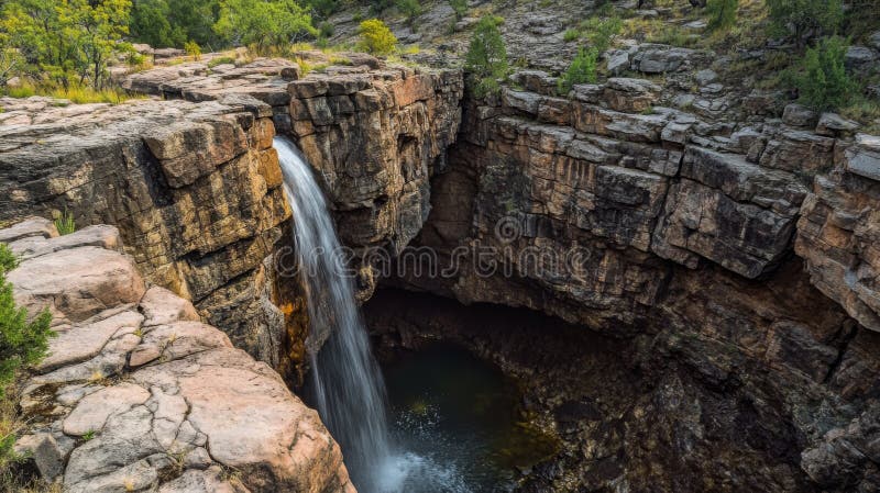 A Waterfall Cascades Over a Rocky Cliff into a Pool Below Stock ...