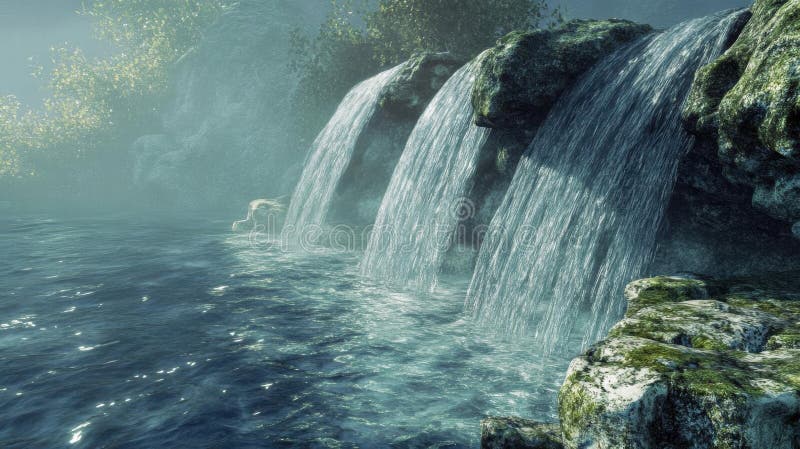 Waterfall Cascades into Pool with Lush Greenery and Mist. Tranquil ...