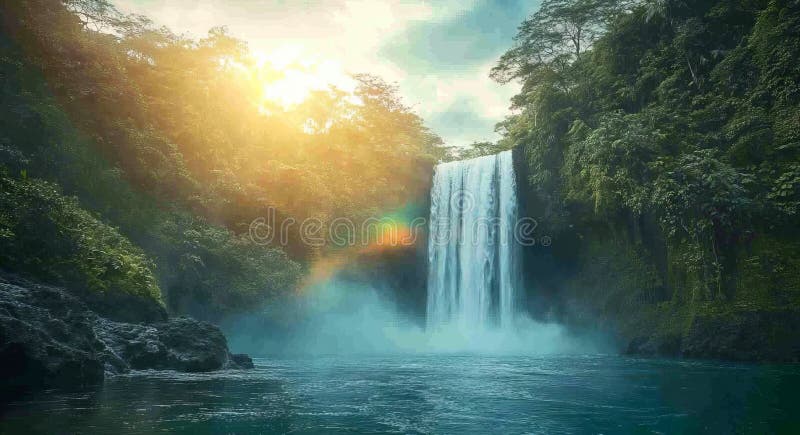 A Waterfall Cascades into a Pool with a Rainbow Appearing in a Lush ...