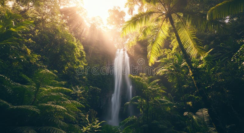 A Waterfall Cascades into a Pool Surrounded by Lush Green Tropical ...