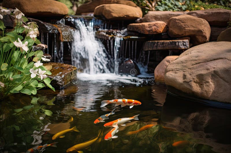 Waterfall Cascading into Backyard Pond with Koi Fish Visible Stock ...