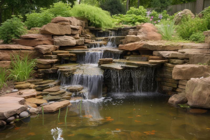 Waterfall Cascading into Backyard Pond with Koi Fish Visible Stock ...