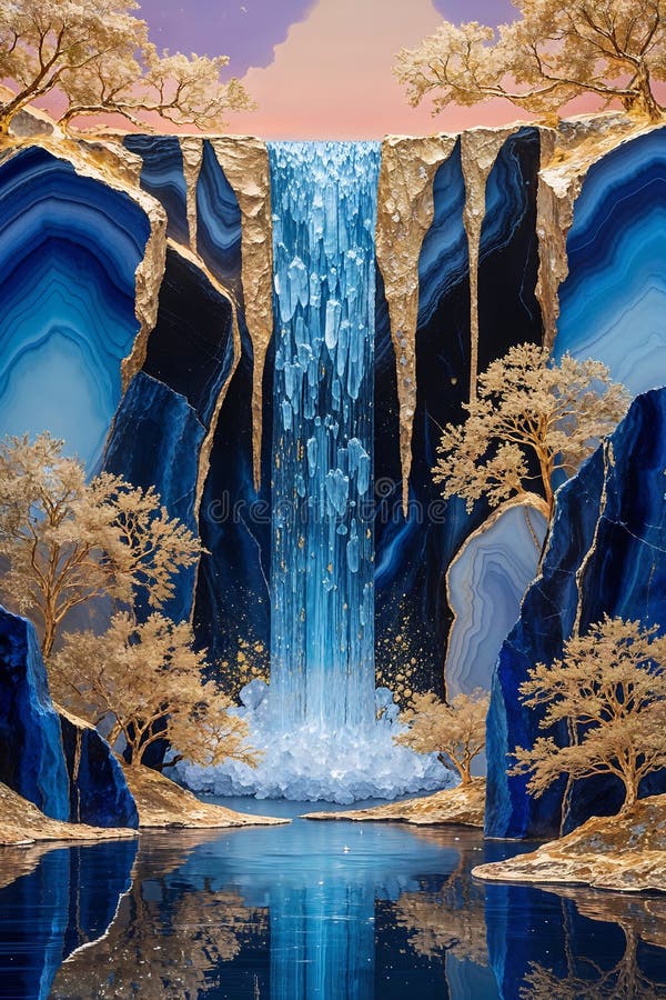 Waterfall Cascading through Blue Rock Formations with Golden Trees ...