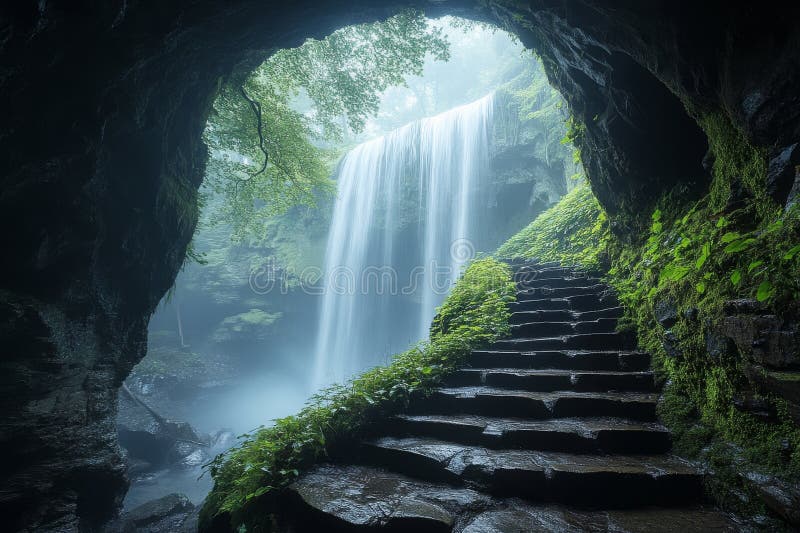 Waterfall Cascading from Cave into Misty Forest in Tranquil Natural ...
