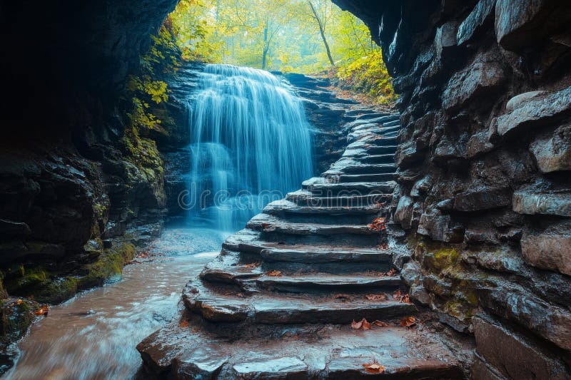 Waterfall Cascading from Cave into Misty Forest in Tranquil Natural ...