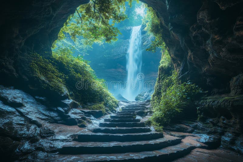Waterfall Cascading from Cave into Misty Forest in Tranquil Natural ...