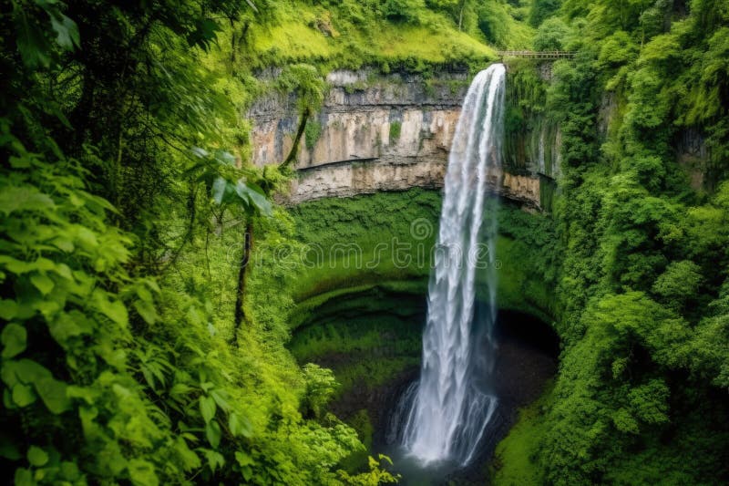 Waterfall Cascading Cliff Lush Greenery Around Stock Photos - Free ...