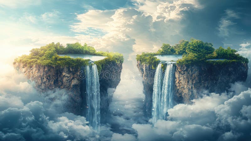 Waterfall Cascading through Clouds in a Serene Natural Landscape with ...