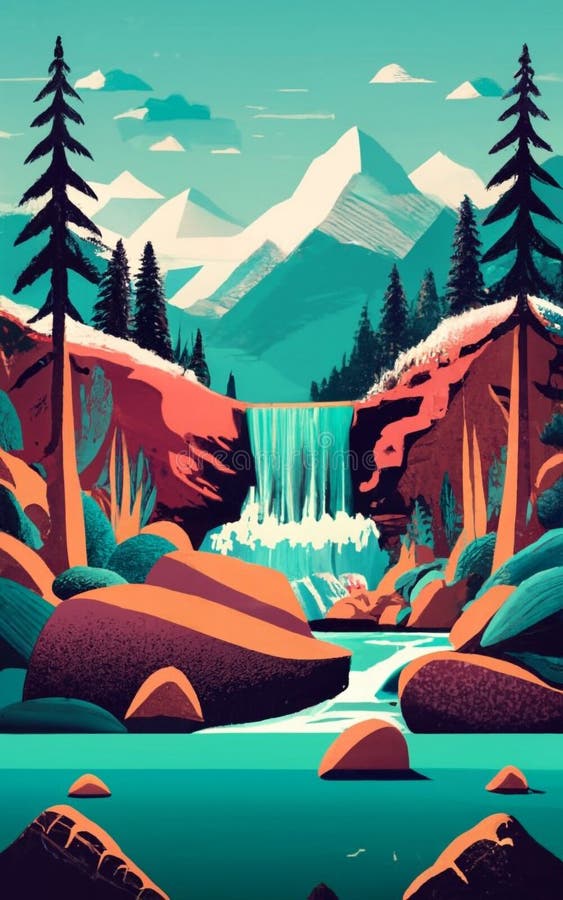 Waterfall Cascading into a Crystal-clear Mountain Lake. Illustration ...