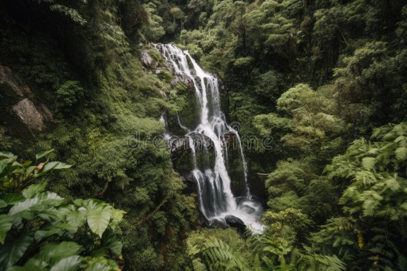 Waterfall Cascading Down Cliffside, Surrounded by Lush Greenery Stock ...