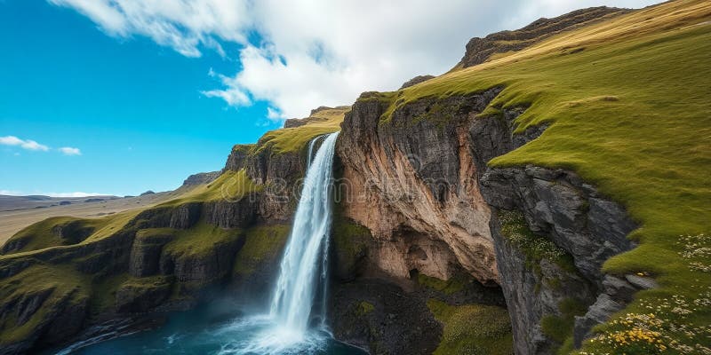 Waterfall Cascading Down a Green Cliff Stock Illustration ...