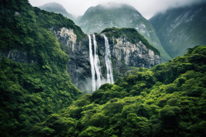 A Waterfall Cascading Down a Green Mountain Side in the Rain, AI Stock ...
