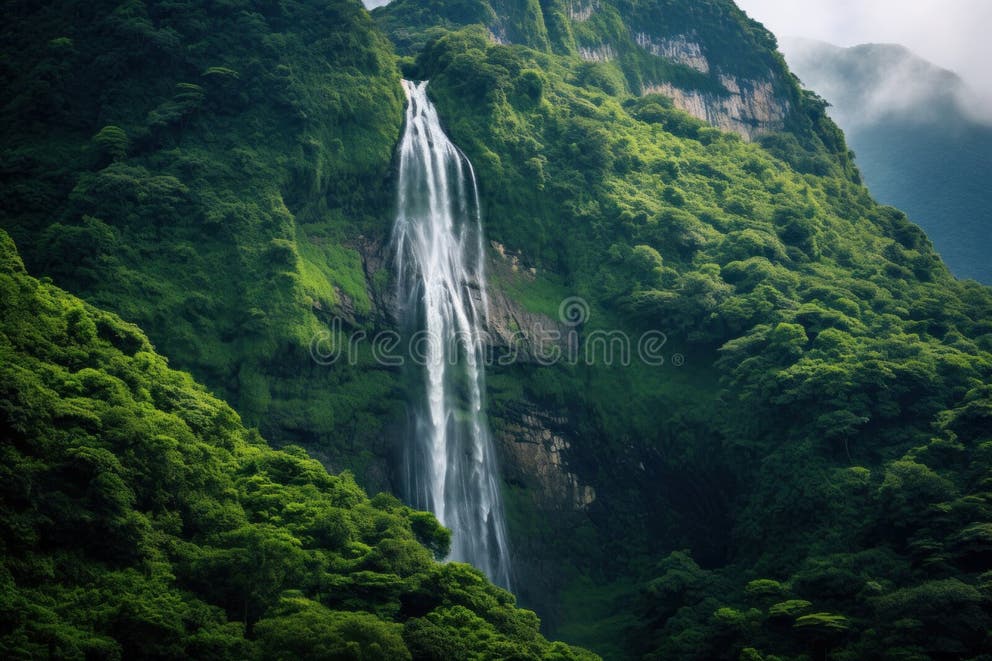 A Waterfall Cascading Down a Green Mountain Side with Trees, AI Stock ...