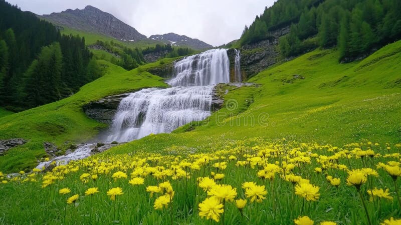 A Waterfall Cascading Down a Hillside with Yellow Flowers, AI Stock ...